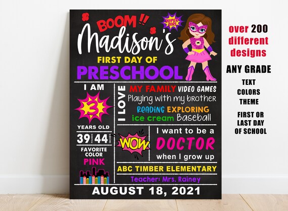 Girl First Day of School Sign Printable Preschool Photo Prop - Etsy