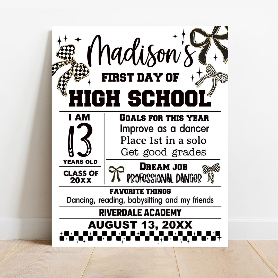 EDITABLE Coquette Black Bow First Day of School Sign, Girl Any Grade ...