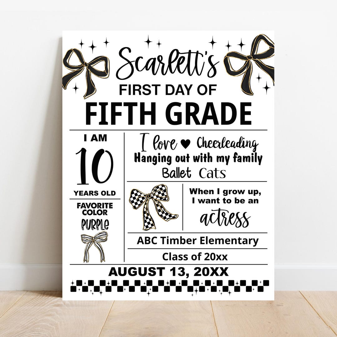 EDITABLE Coquette Black Bow First Day of School Sign, Any Grade Girl ...