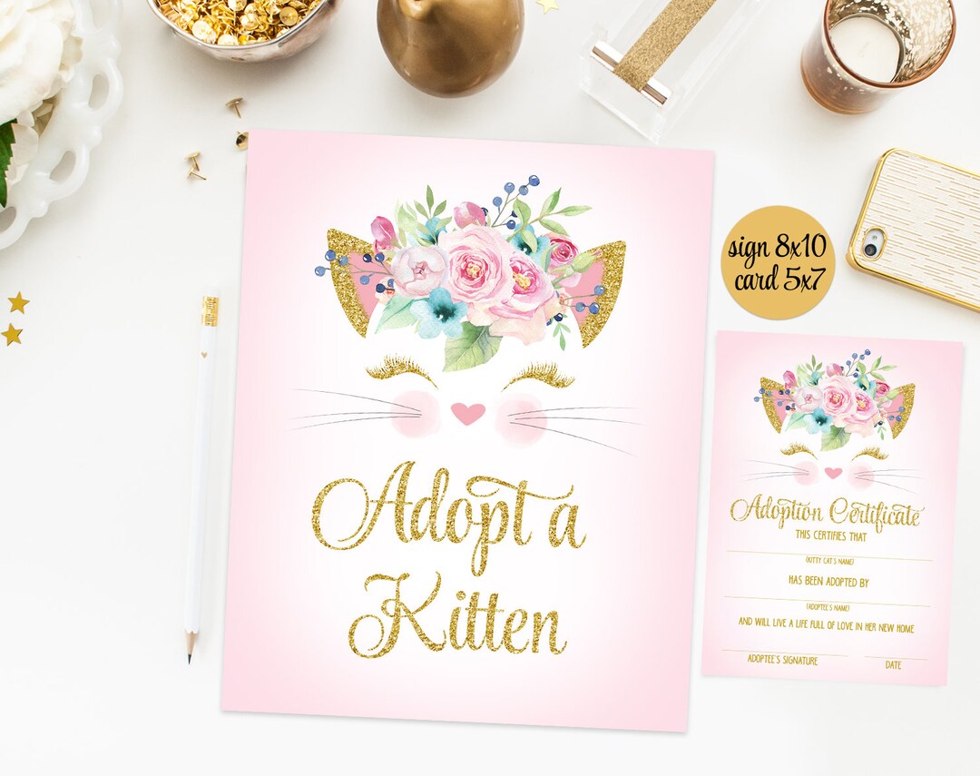 Adopt a Kitten Sign + Certificate, Adoption Sign, Adoption Kit, Floral ...