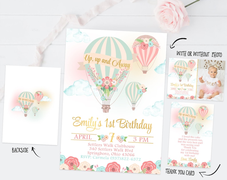 Hot Air Balloon Birthday Invitation, up up and Away Invite, Pink Gold ...