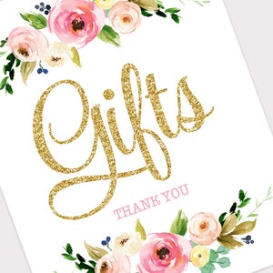 Gifts Sign Printable, Pink and Gold First Birthday Party, Floral Baby ...