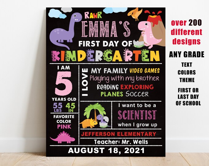 Printable Dinosaur First Day of School Chalkboard Sign Reusable Girls ...