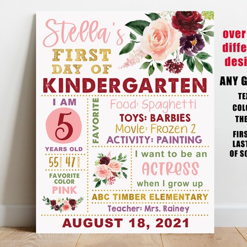 Floral First Day of School Sign Printable Girl Back to School | Etsy