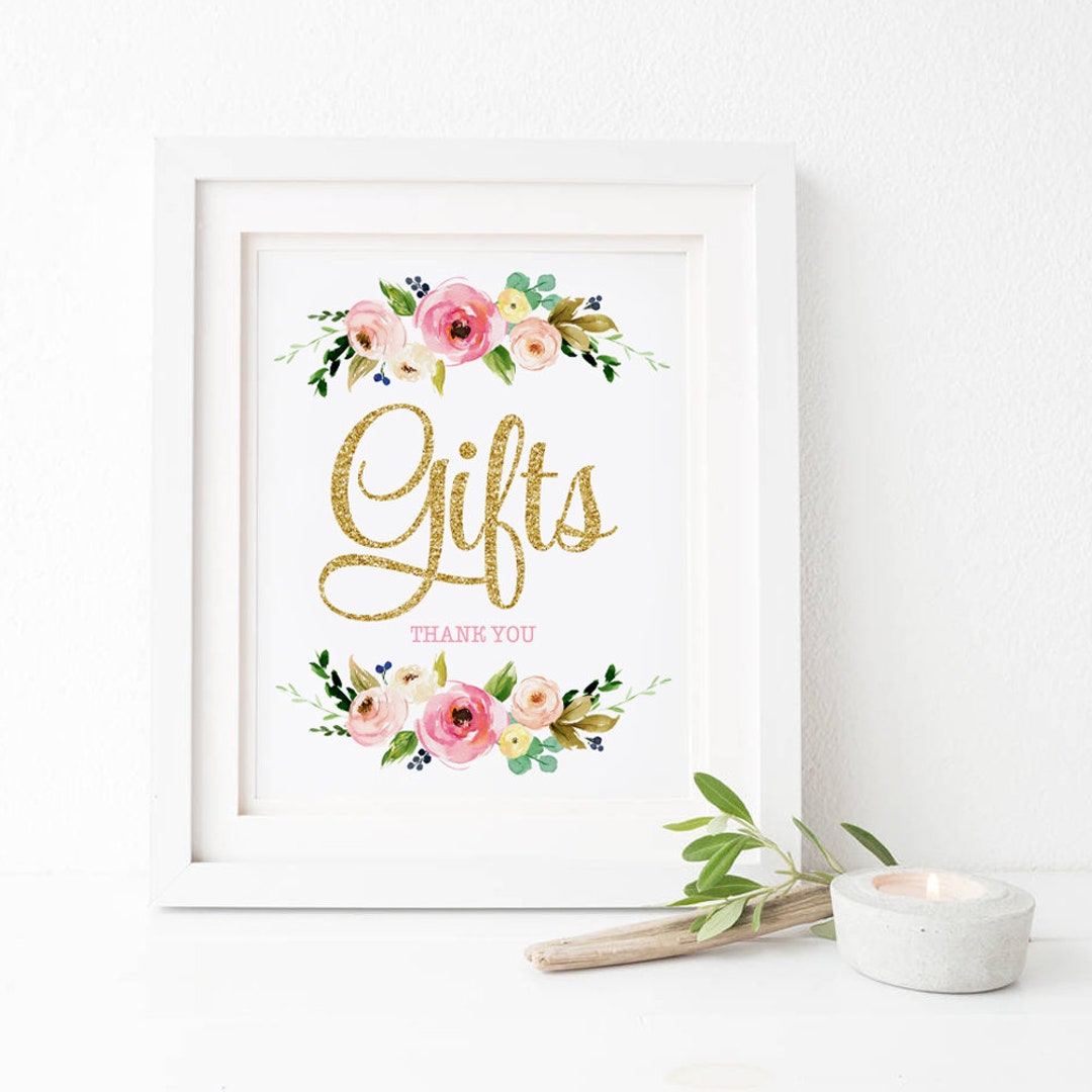 Gifts Sign Printable, Pink and Gold First Birthday Party, Floral Baby ...