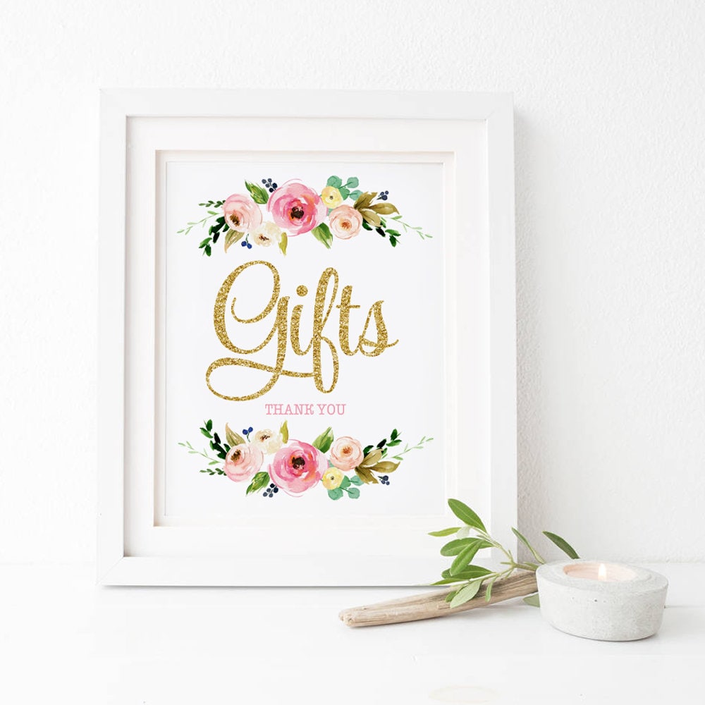 Gifts sign printable pink and gold first birthday party | Etsy