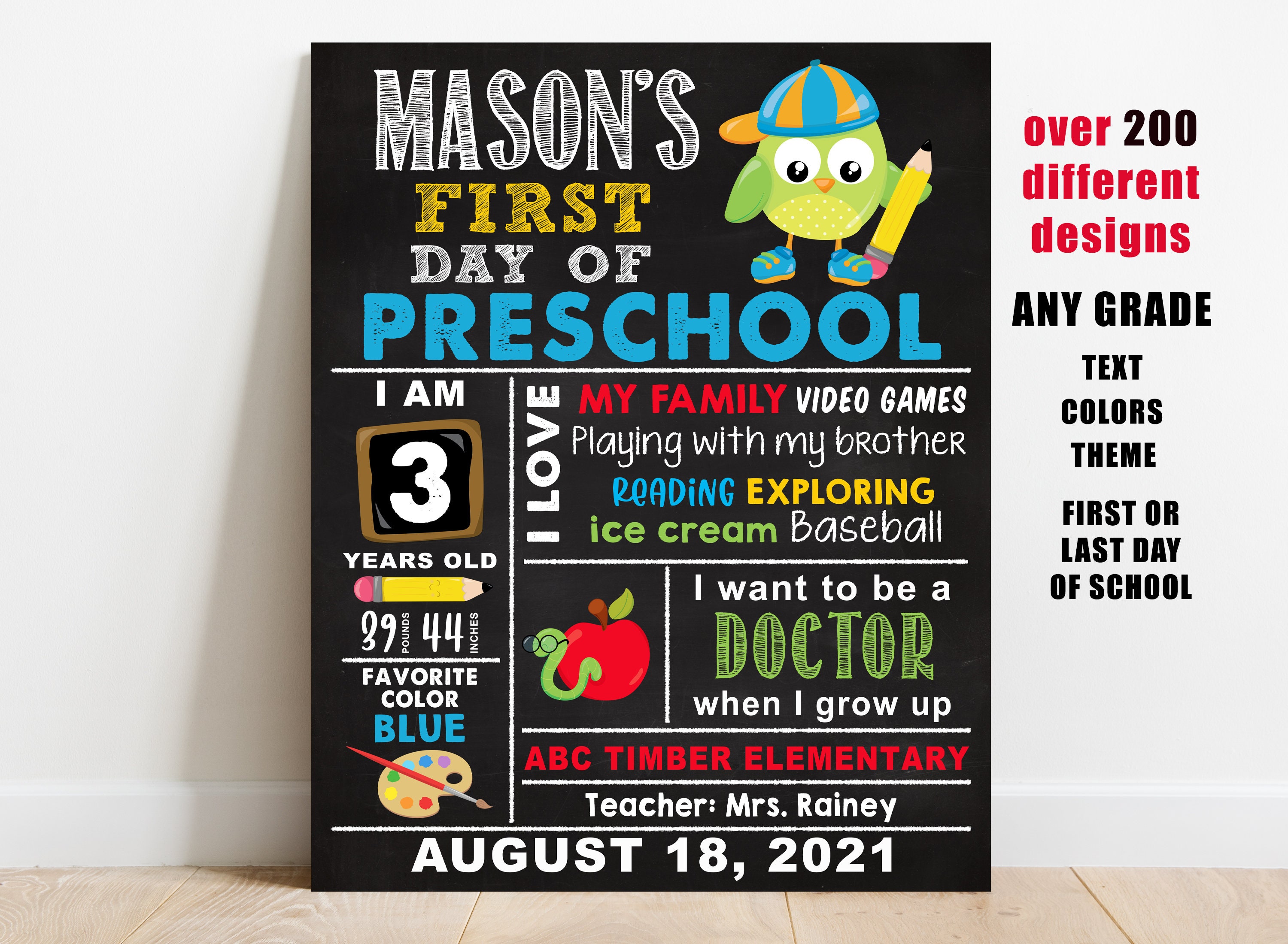Owl First Day of School Printable Sign Girl Preschool Sign - Etsy