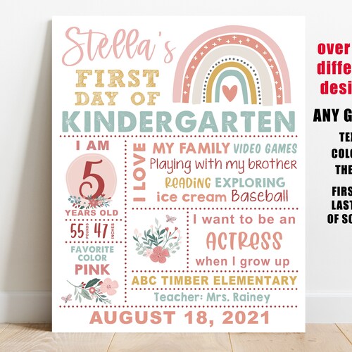 Editable First Day of Kindergarten Sign Boho Rainbow First - Etsy
