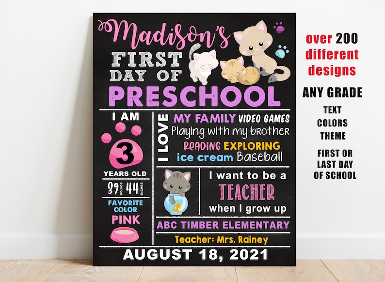 Cat First Day of School Sign Printable, Back to School Chalkboard ...