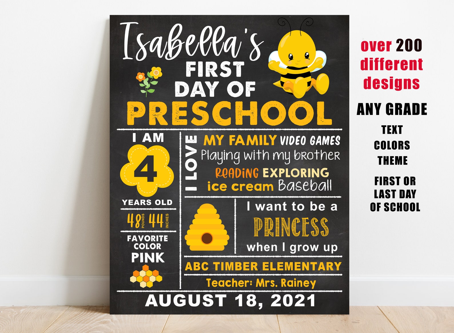 Bee First Day of School Sign Printable Girl Back to School - Etsy