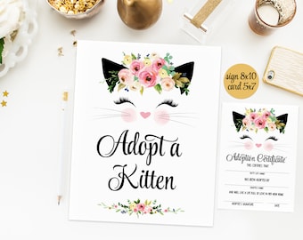 Adopt a Kitten Sign Certificate, Adoption Sign, Adoption Kit, Floral ...
