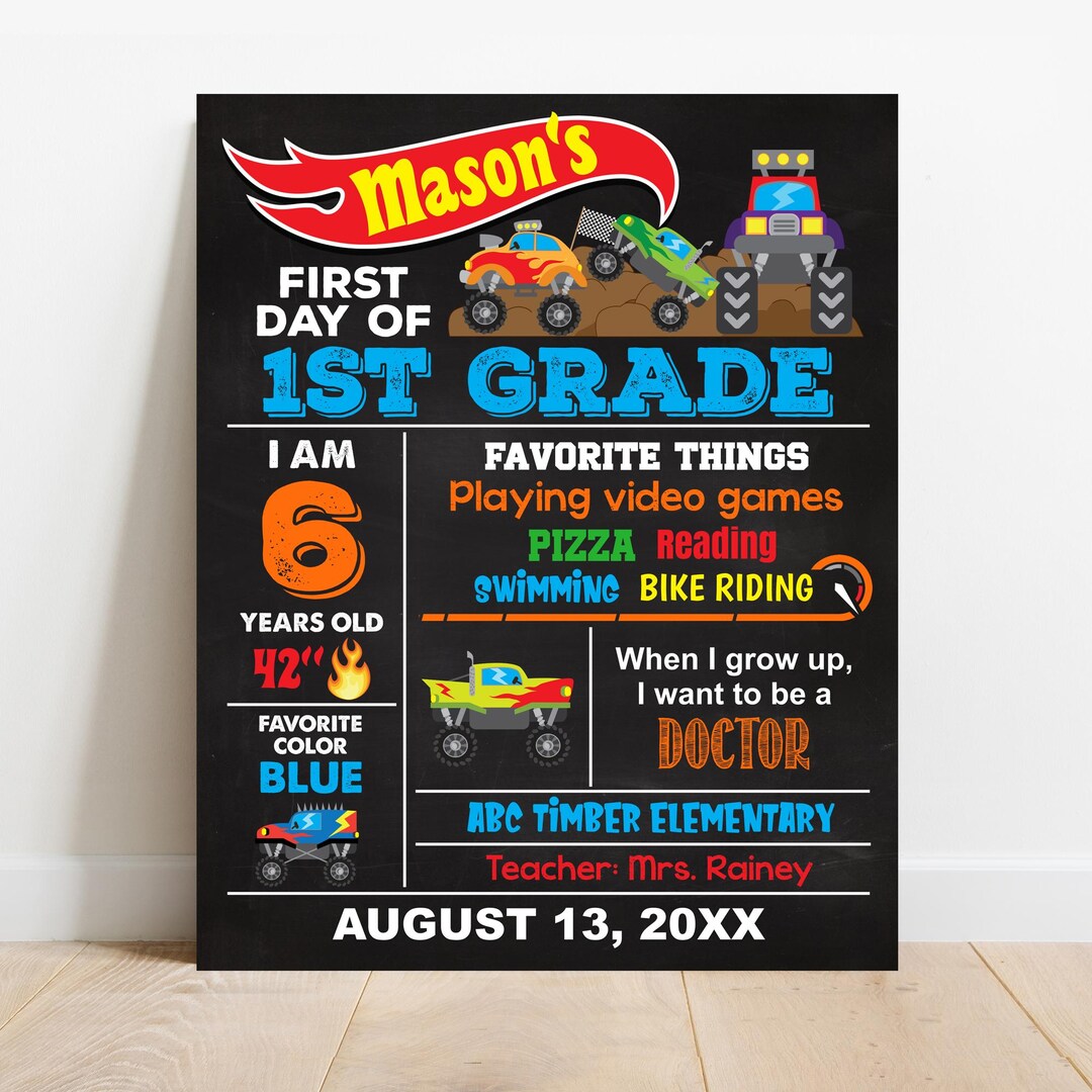 EDITABLE Monster Truck First or Last Day of School Sign, Any Grade ...