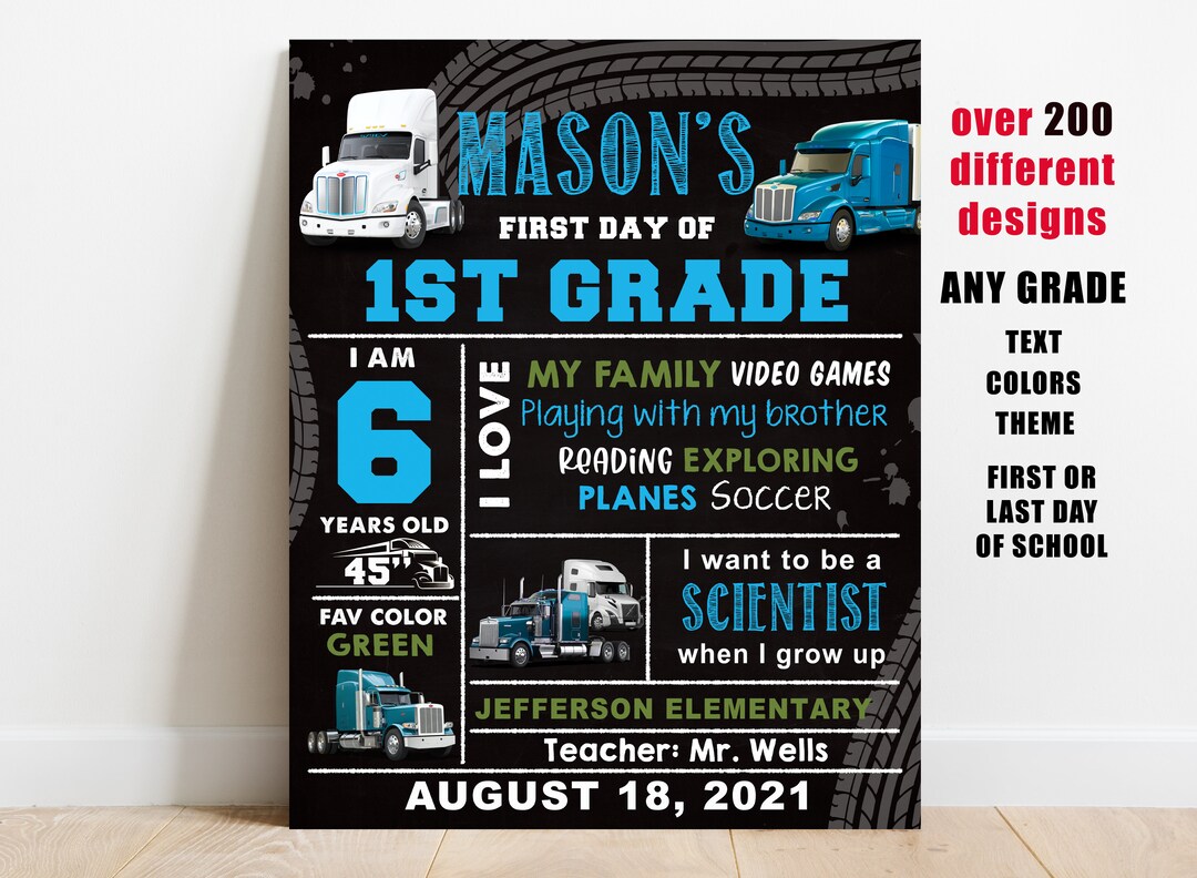 Semi Trucks First or Last Day of School Sign Printable, Boy Back to ...