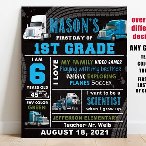 Semi Trucks First or Last Day of School Sign Printable, Boy Back to ...