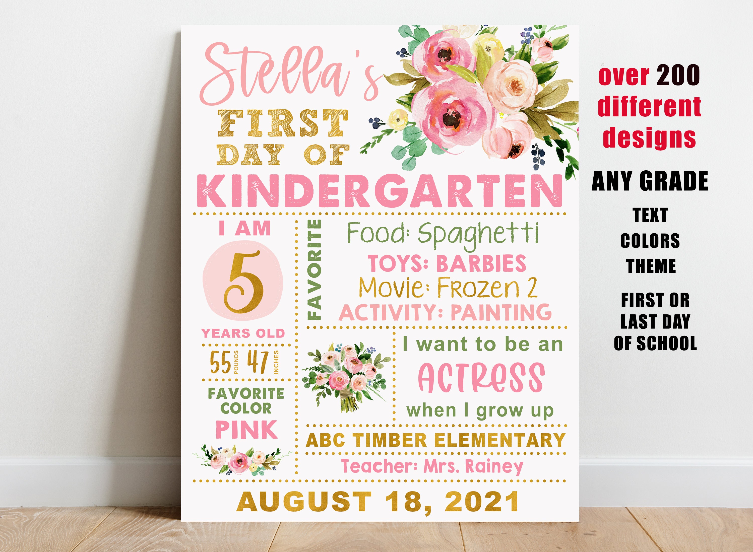 Floral First day of school sign printable girl back to school | Etsy