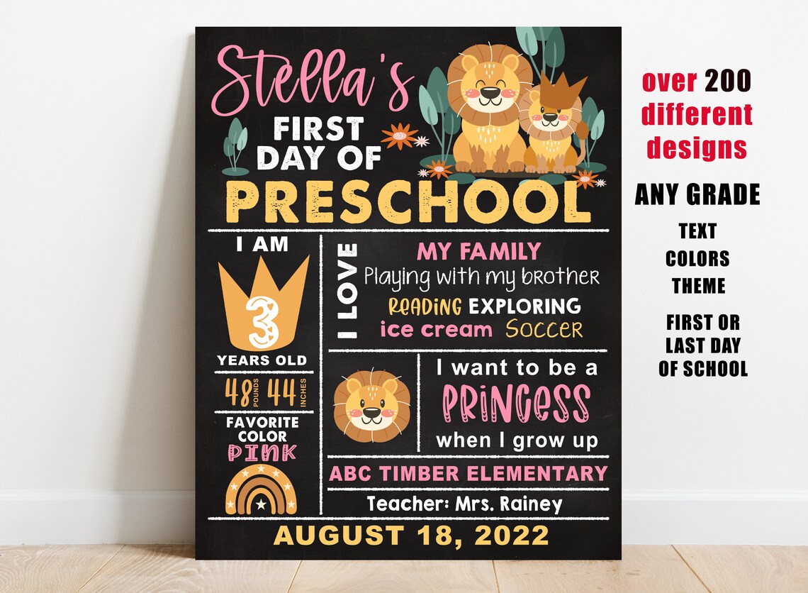 Lion First Day of School Sign Printable, Girl Back to School Chalkboard ...