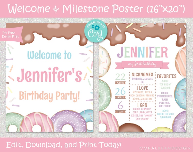 Editable Printable Donut Birthday Party Welcome Poster and - Etsy
