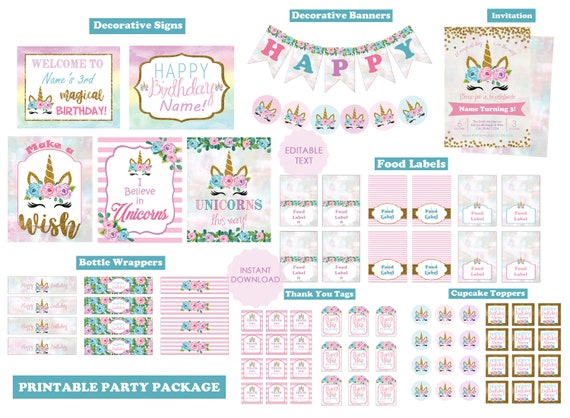 Unicorn Editable Printable Birthday Party Decoration Package | Etsy