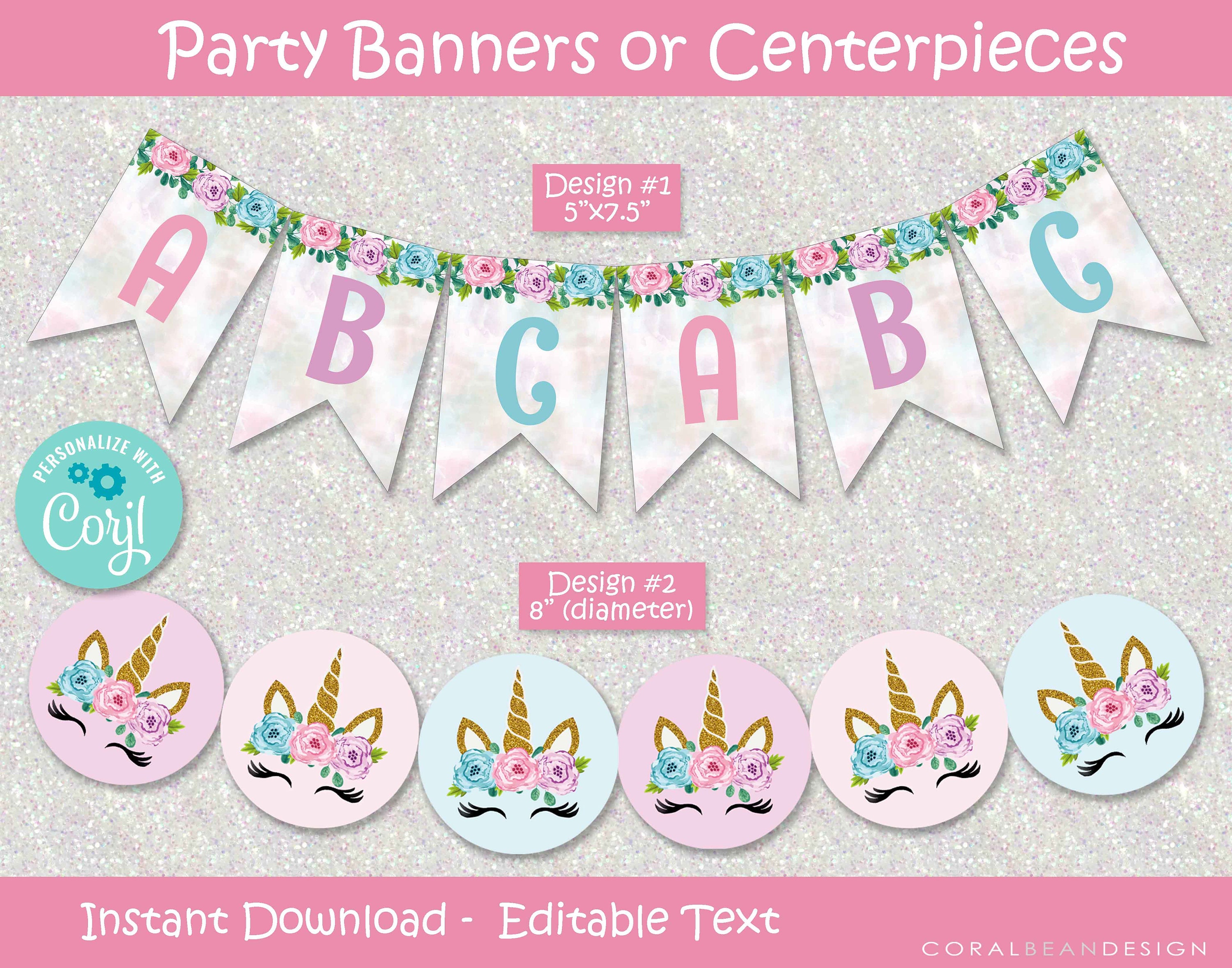 Unicorn Editable Printable Birthday Party Decoration Package, Glitter ...