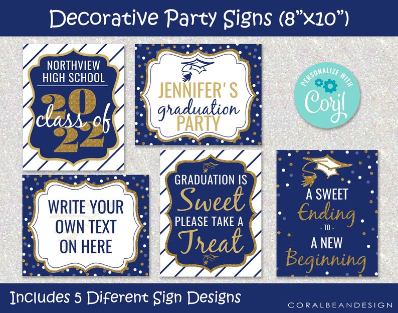 Blue and Gold Editable Printable Graduation Party Decoration Package ...