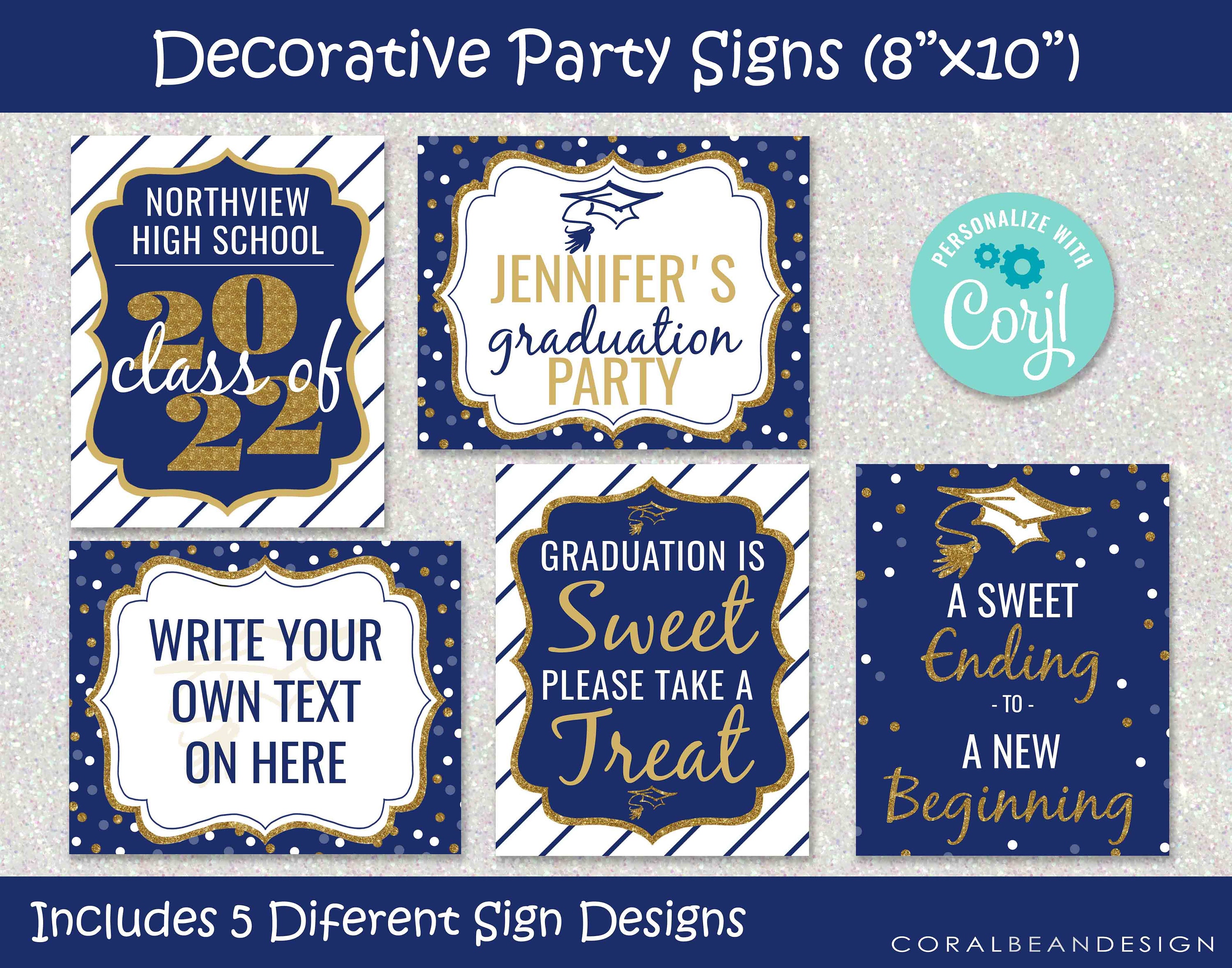 Blue and Gold Editable Printable Graduation Party Decoration Package ...
