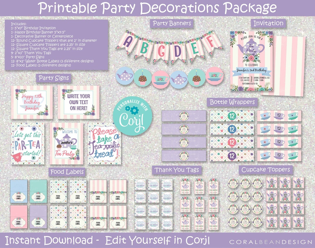 Tea Party Editable Printable Birthday Party Decoration - Etsy