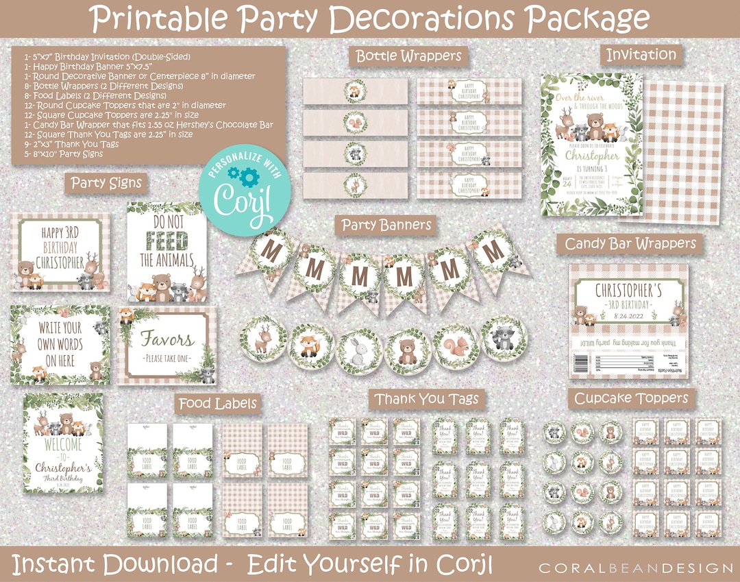 Woodland Animal Editable Printable Birthday Party Decorations Package ...