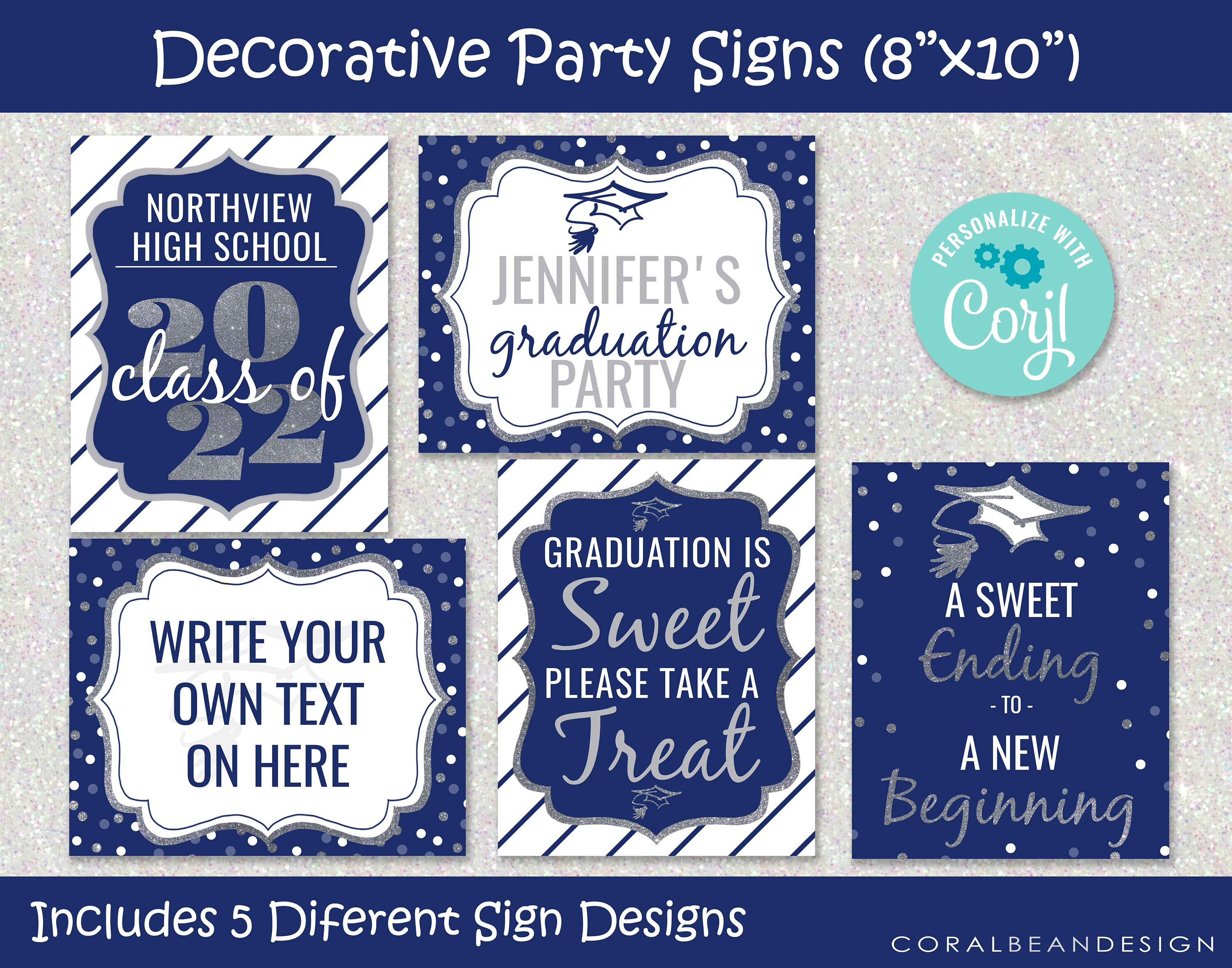 Blue and Silver Editable Printable Graduation Party Decoration Package ...