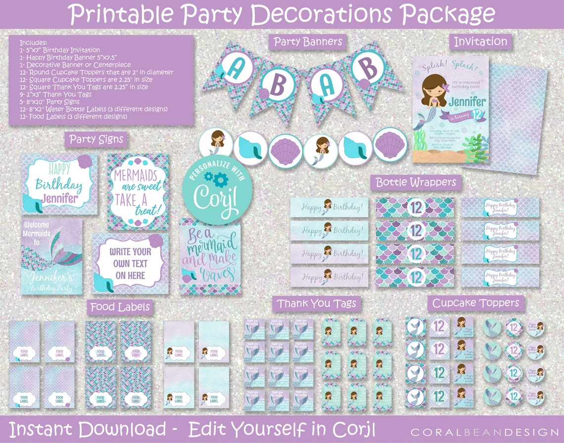 Mermaid Editable Printable Birthday Party Decoration Package, Under the ...