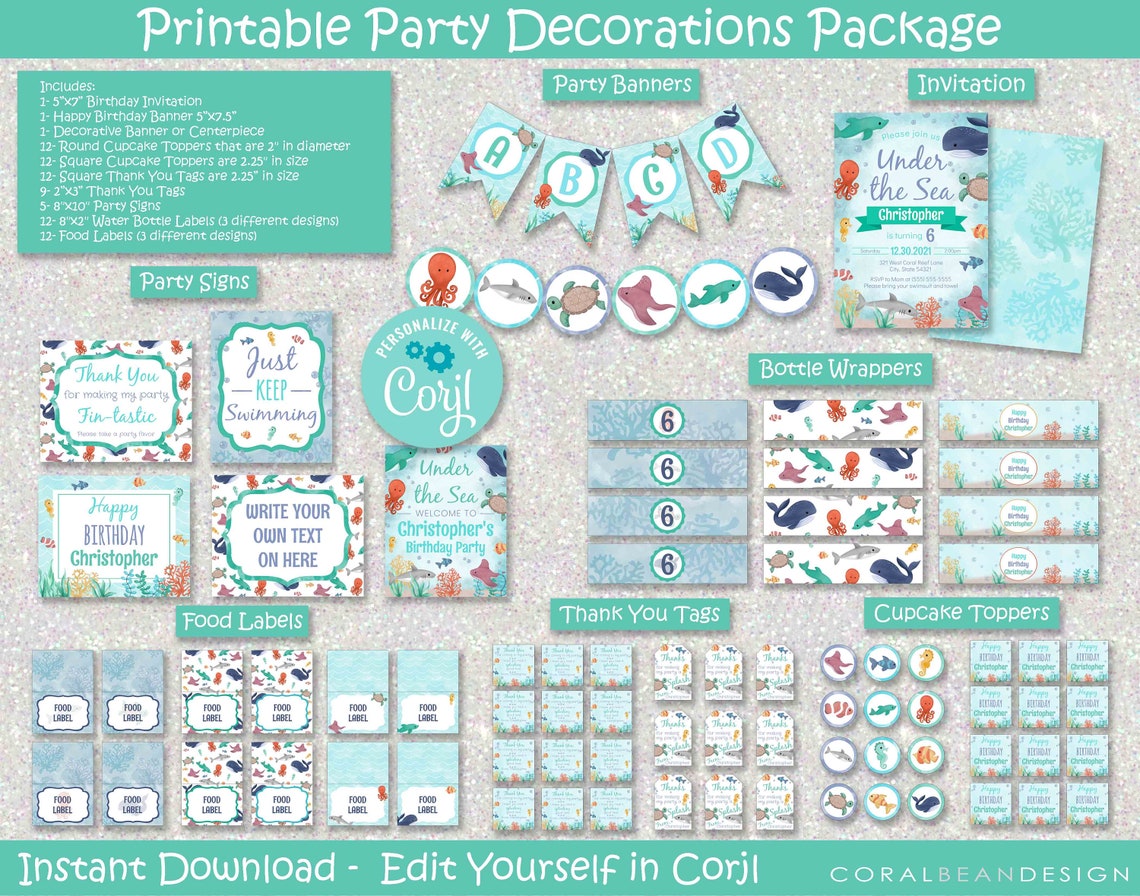 Under the Sea Editable Birthday Party Decorations Printable - Etsy
