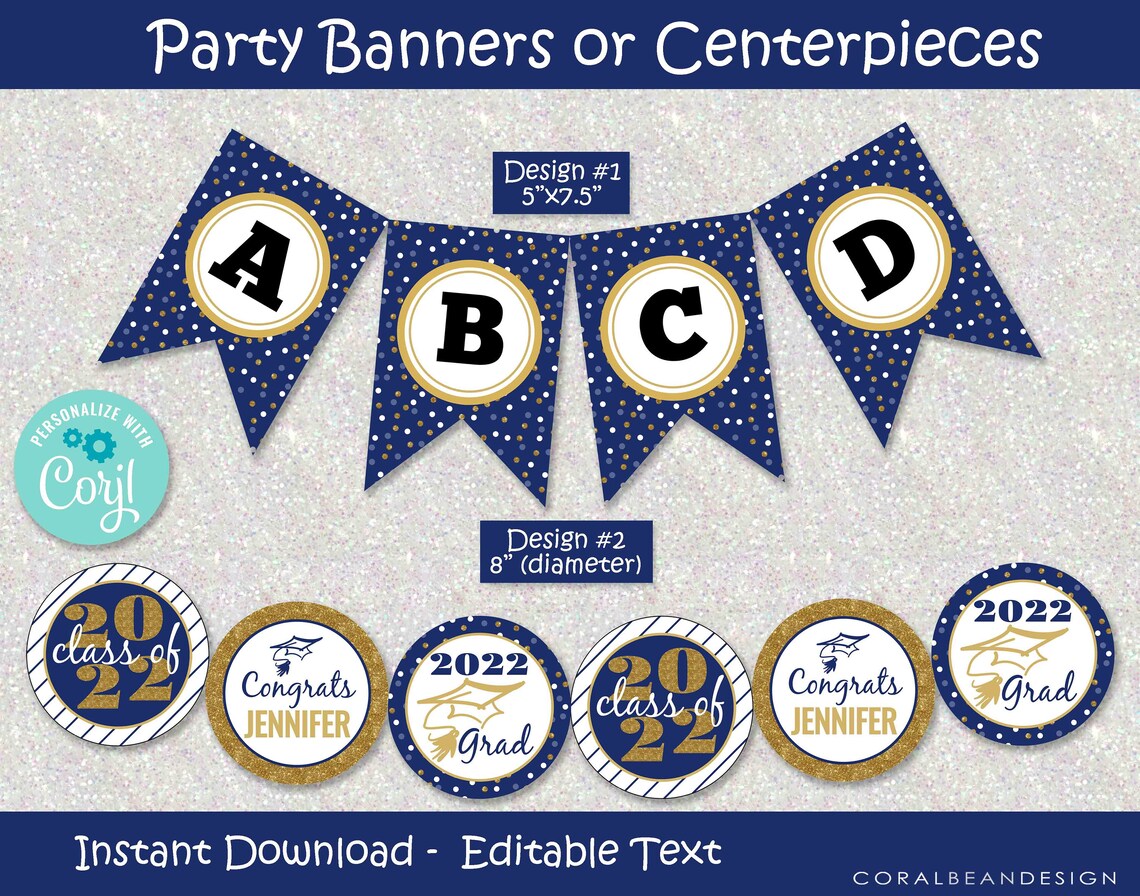Blue and Gold Editable Printable Graduation Party Decoration Package ...