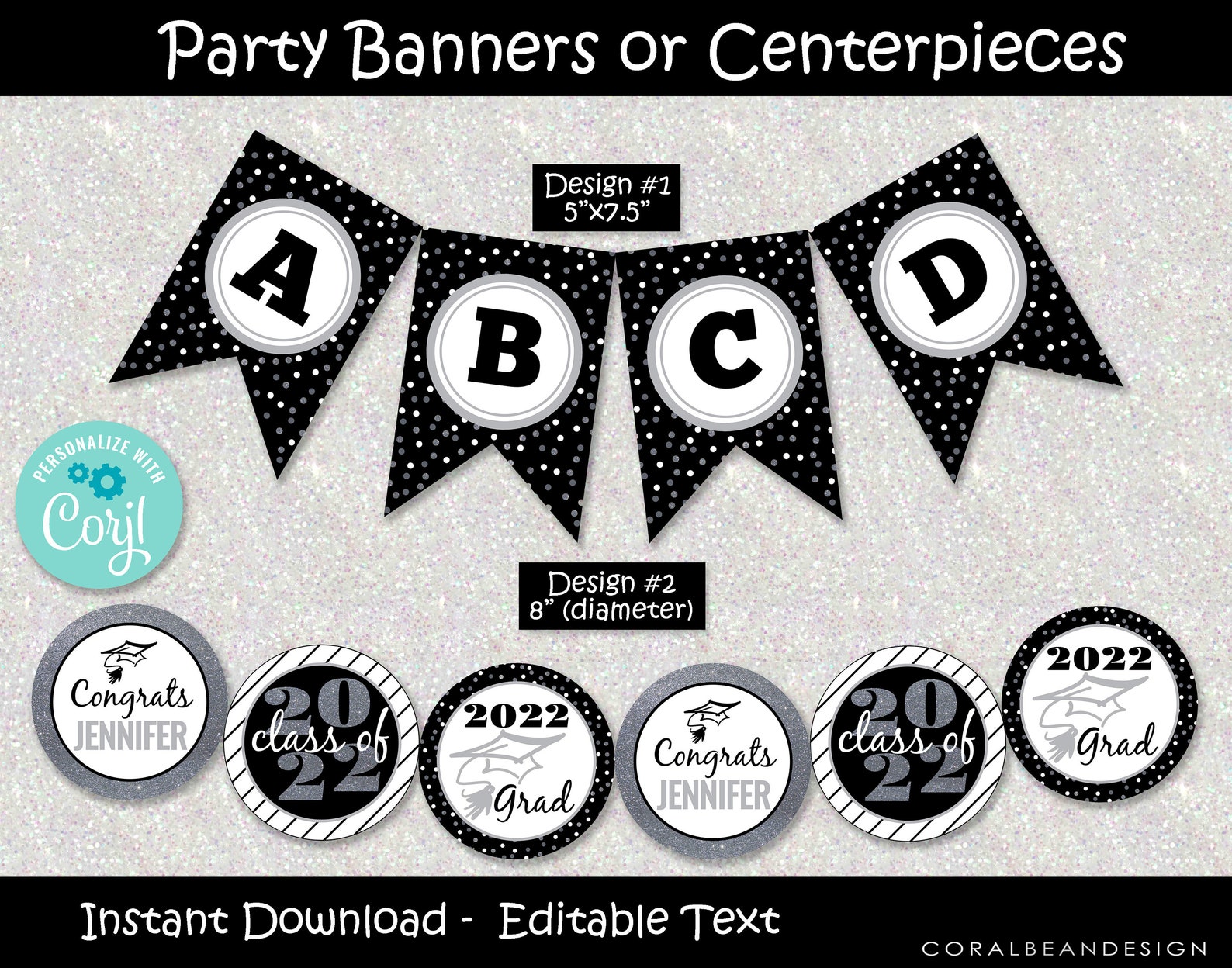 Black and Silver Editable Printable Graduation Party Decoration Package ...
