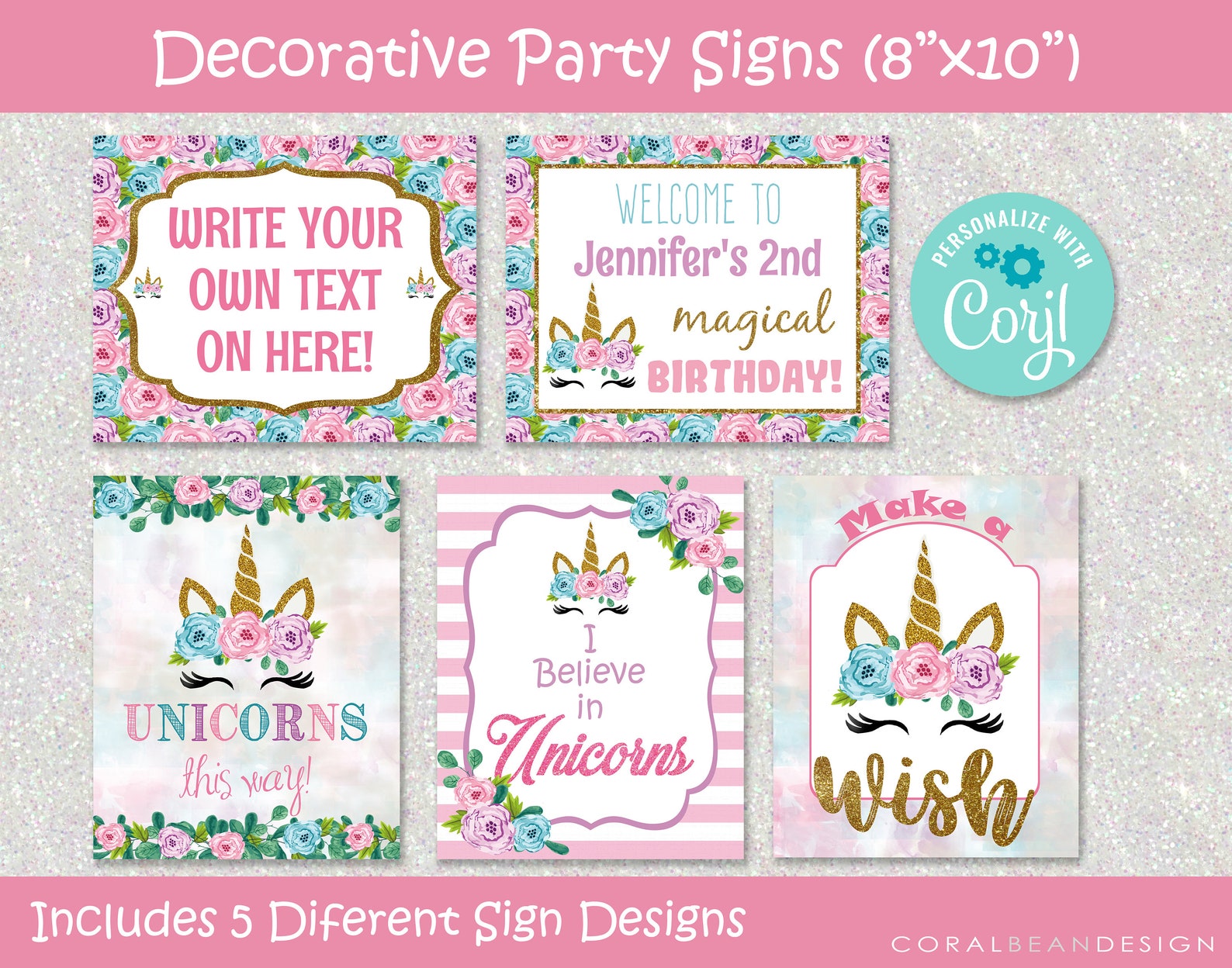 Unicorn Editable Printable Birthday Party Decoration Package, Glitter ...