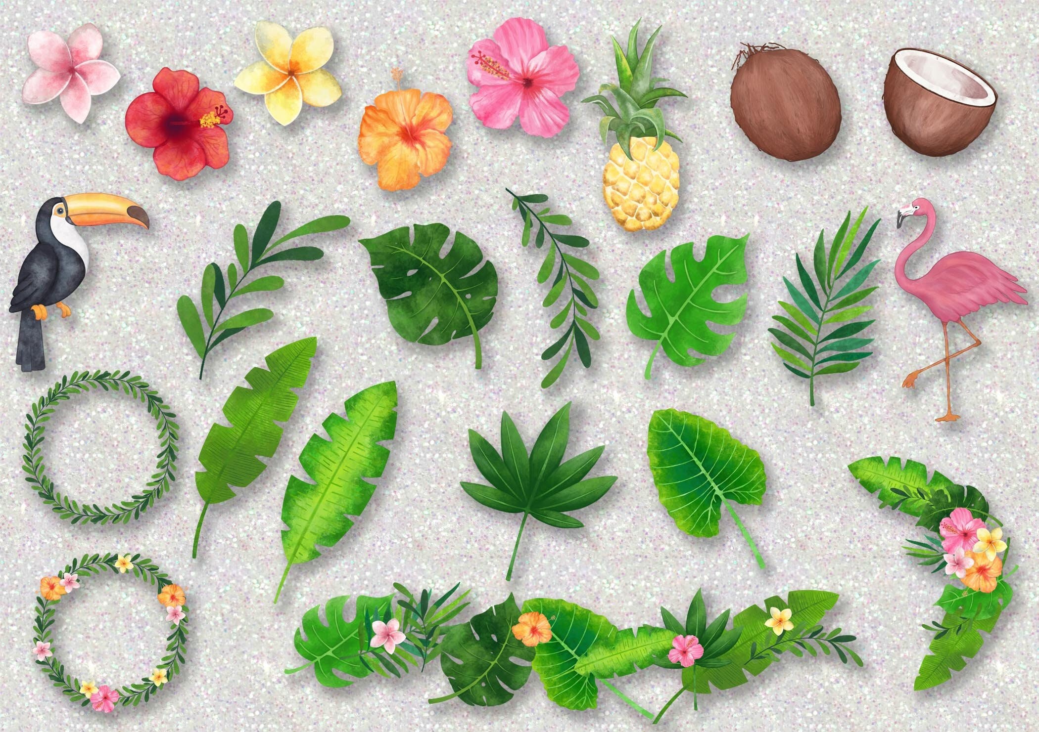Tropical Clipart, Luau Clipart, Beach, Flower, Flamingo, Toucan ...