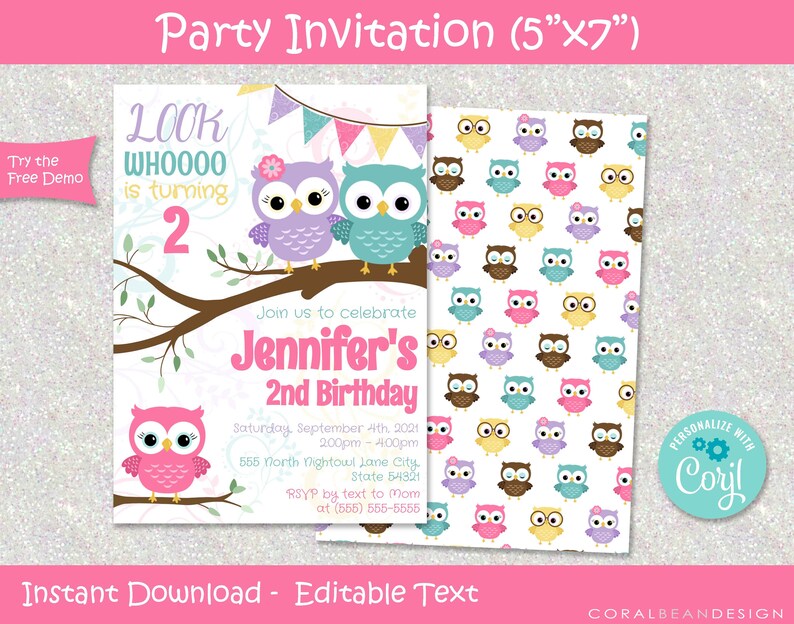Owl Editable Printable Birthday Party Invitation, INSTANT DOWNLOAD - Etsy