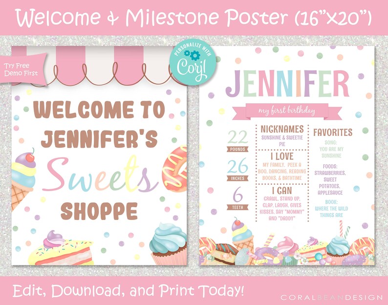 Editable Printable Sweets Birthday Party Welcome Poster and Milestone ...