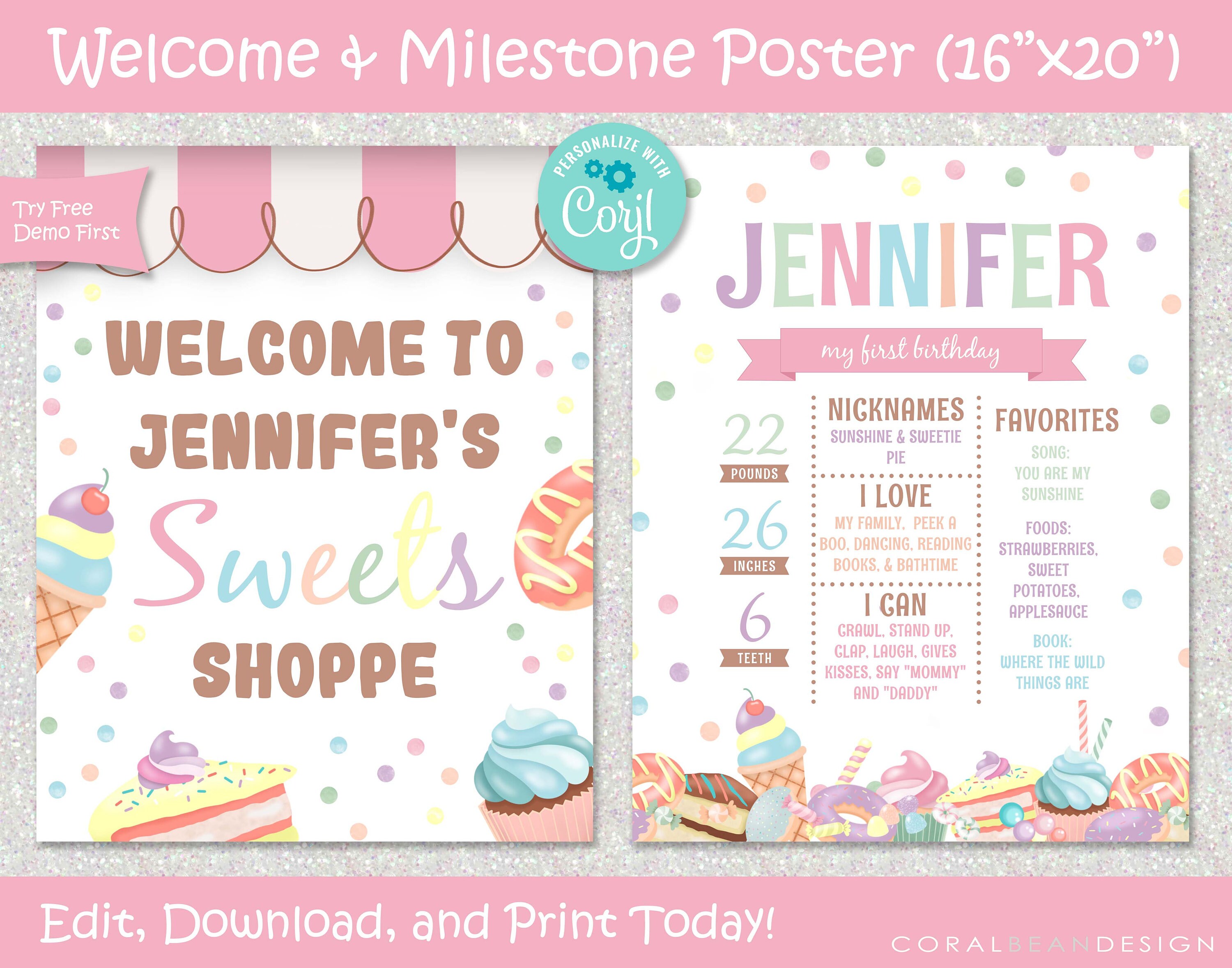 Editable Printable Sweets Birthday Party Welcome Poster and Milestone ...
