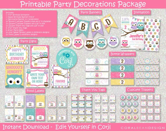 Owl Editable Birthday Party Decorations Printable INSTANT | Etsy