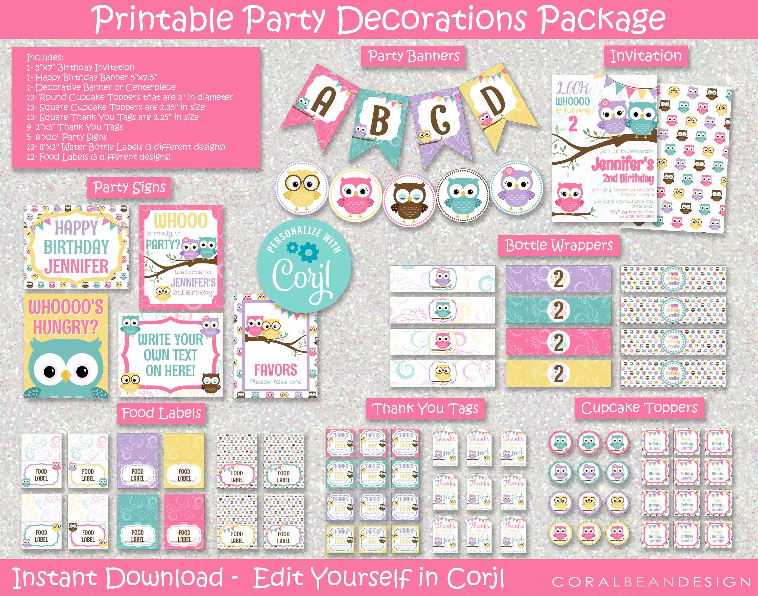 Owl Editable Birthday Party Decorations Printable, INSTANT DOWNLOAD - Etsy