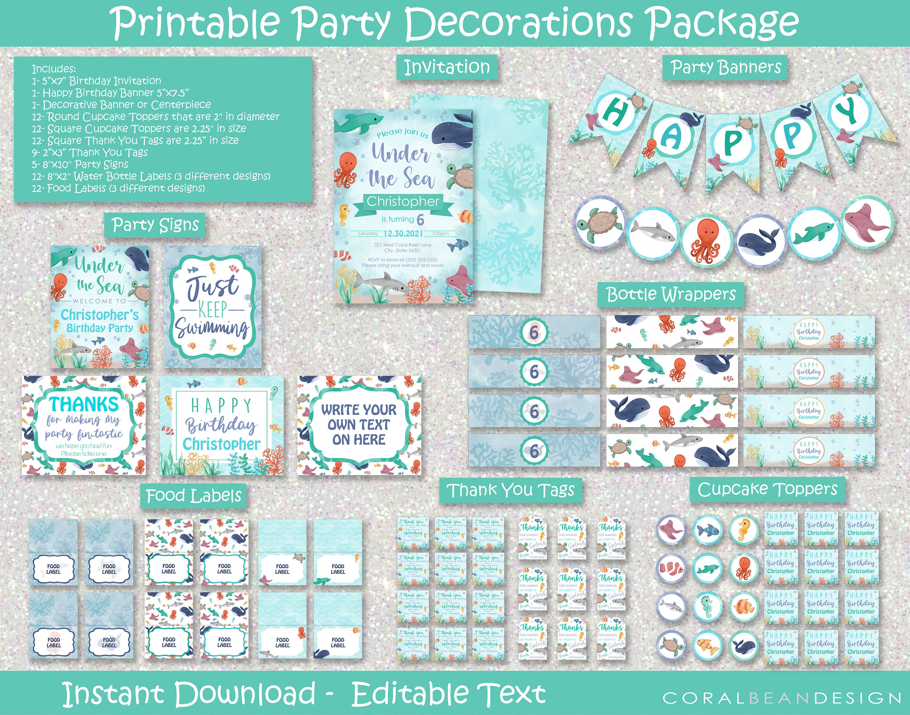 Under The Sea Editable Birthday Party Decorations Printable | Etsy