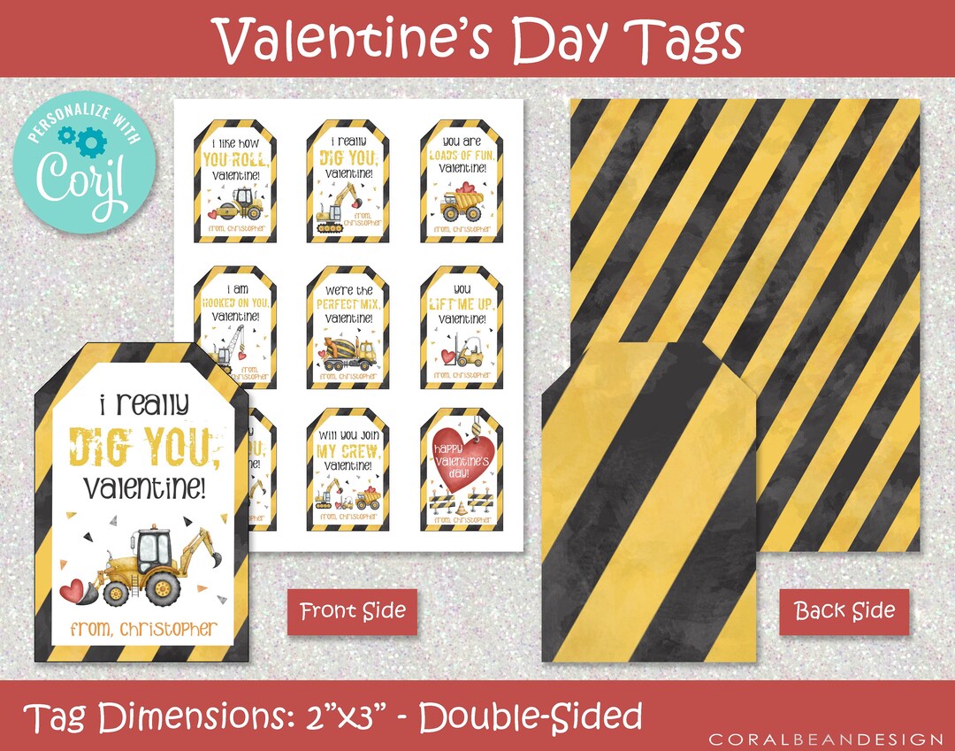 Editable Printable Construction Valentine's Day Tags Template, Kids ...