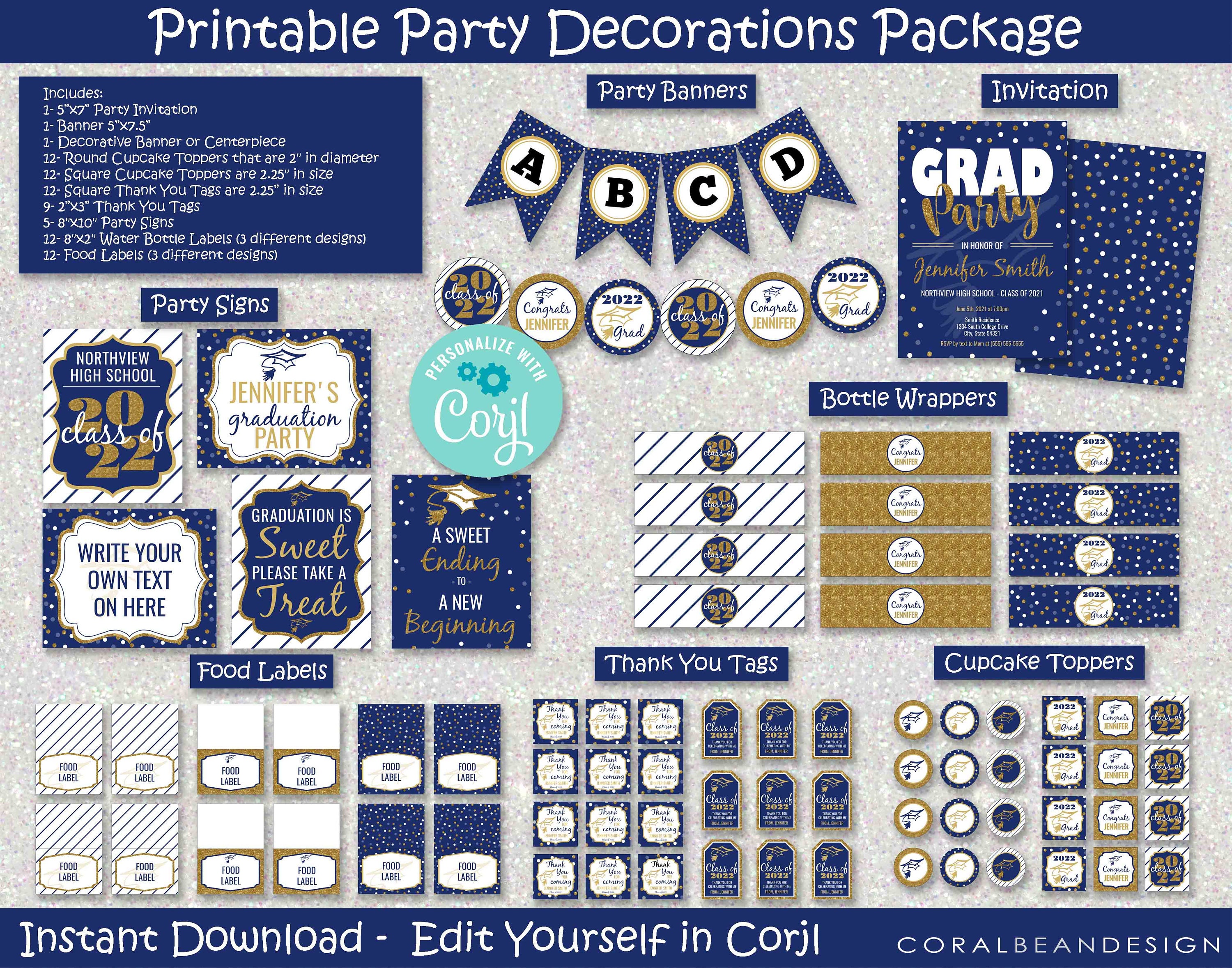 Blue and Gold Editable Printable Graduation Party Decoration Package ...