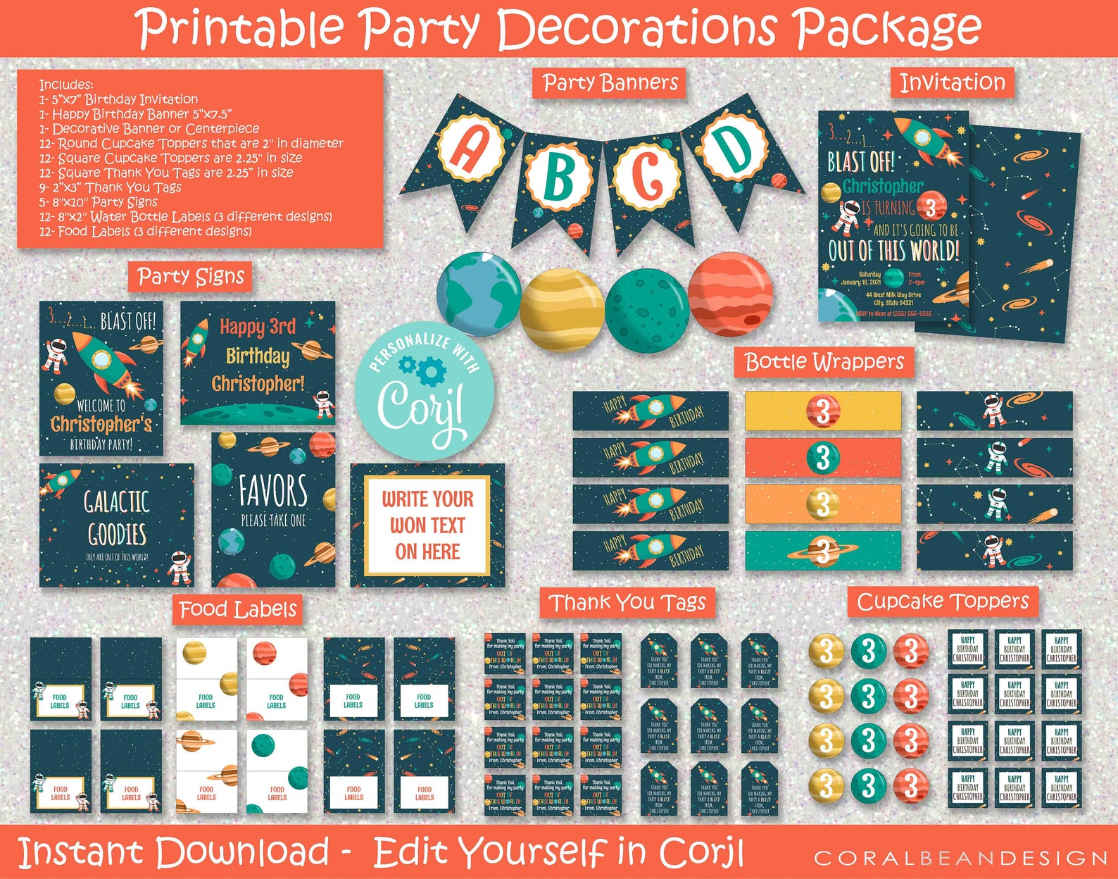 Outer Space Theme Editable Printable Birthday Party Decoration Package ...