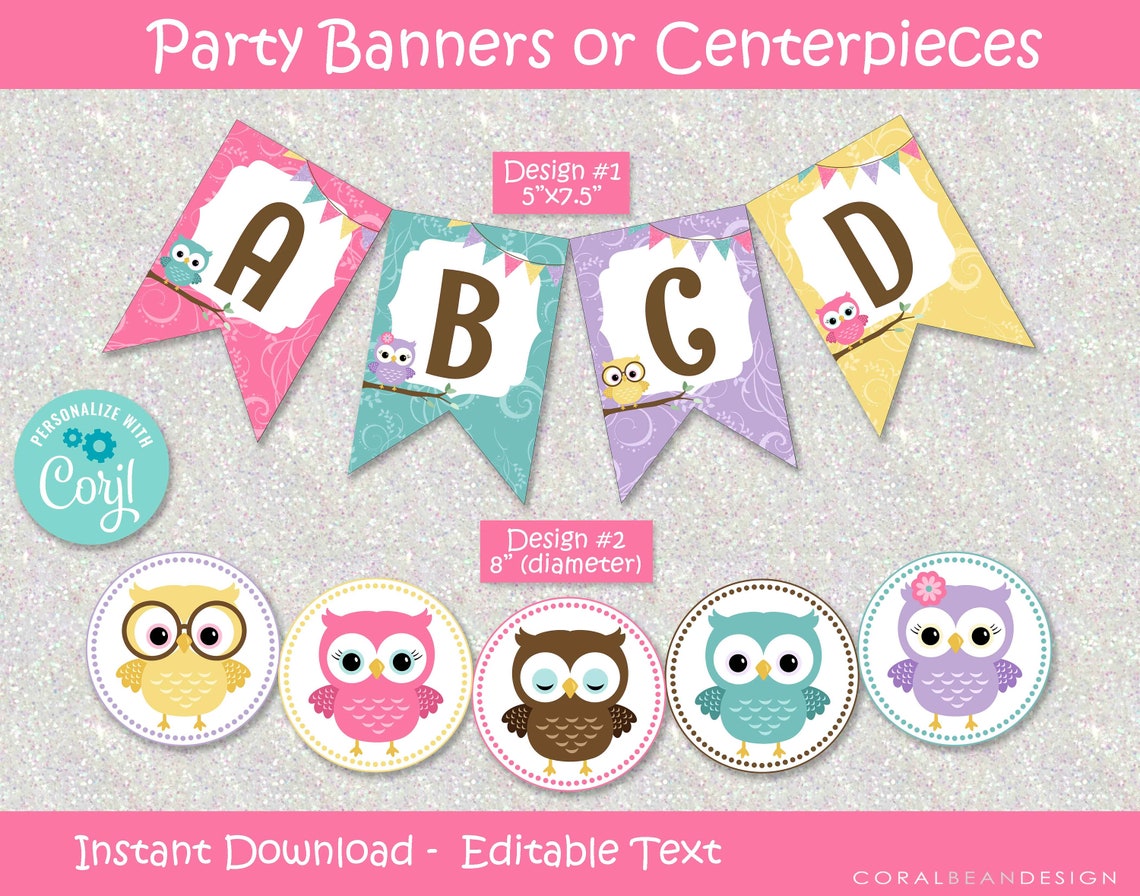 Owl Editable Birthday Party Decorations Printable, INSTANT DOWNLOAD - Etsy