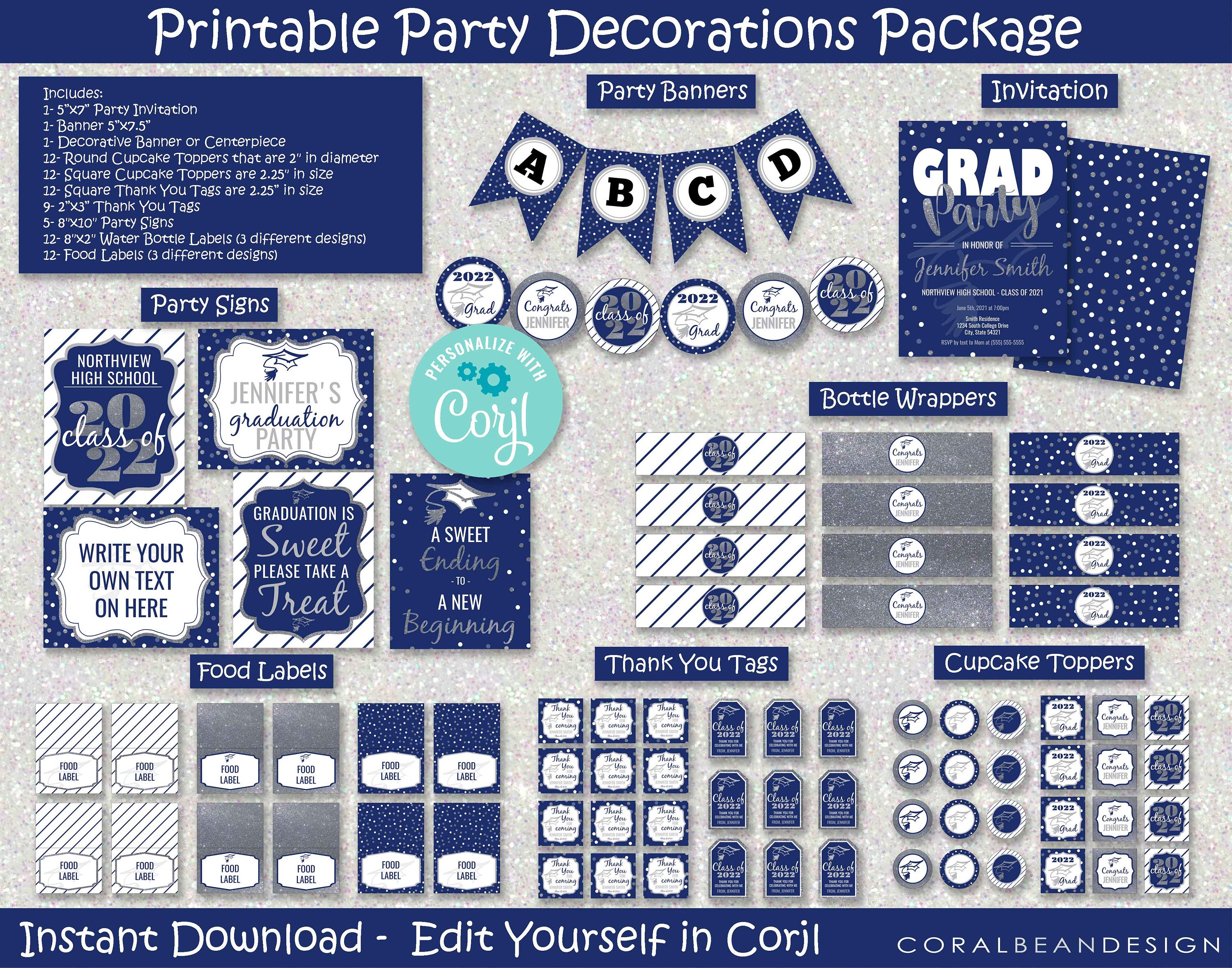 Blue and Silver Editable Printable Graduation Party Decoration Package ...