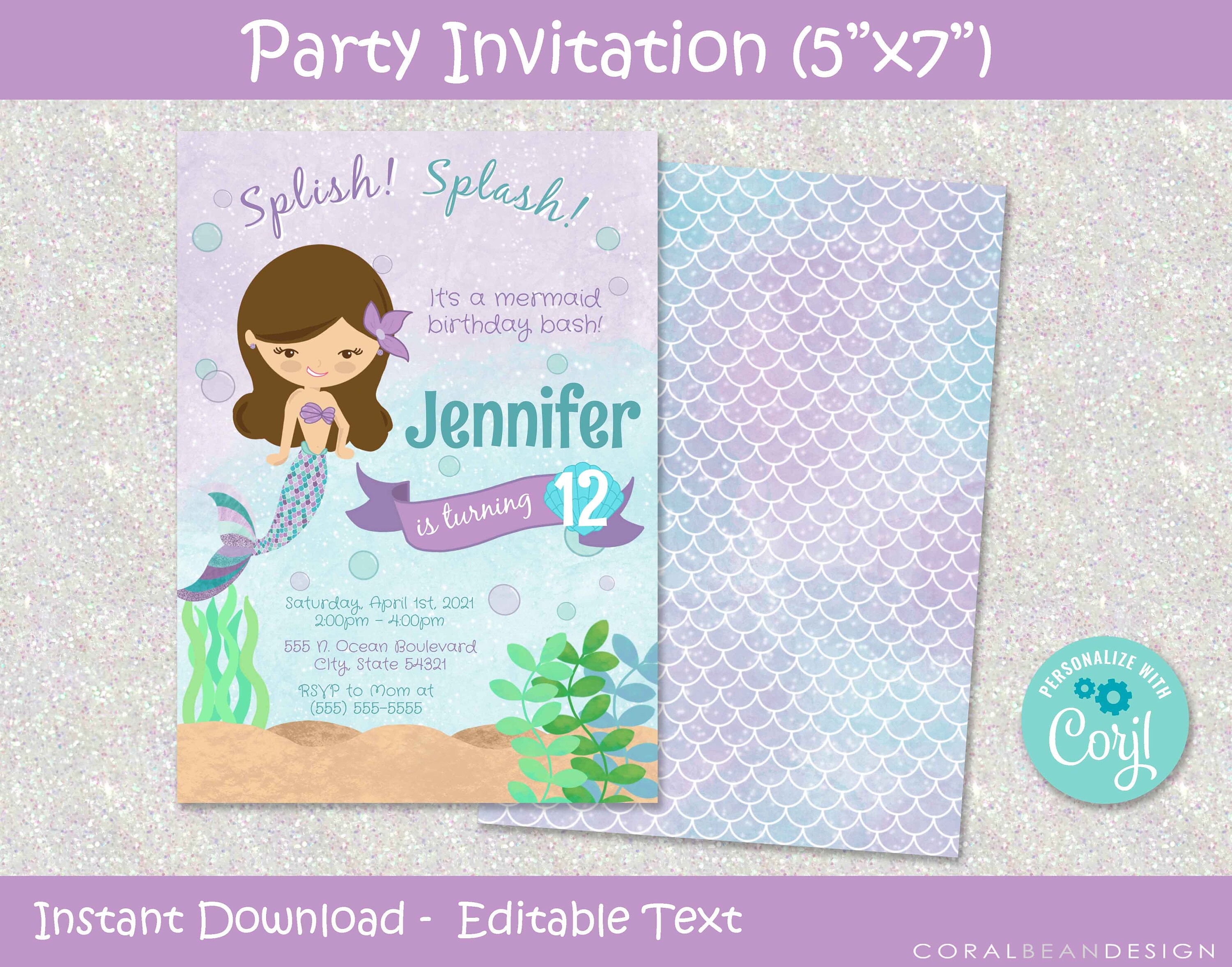 Mermaid Editable Printable Birthday Invitation Template, Under the Sea ...