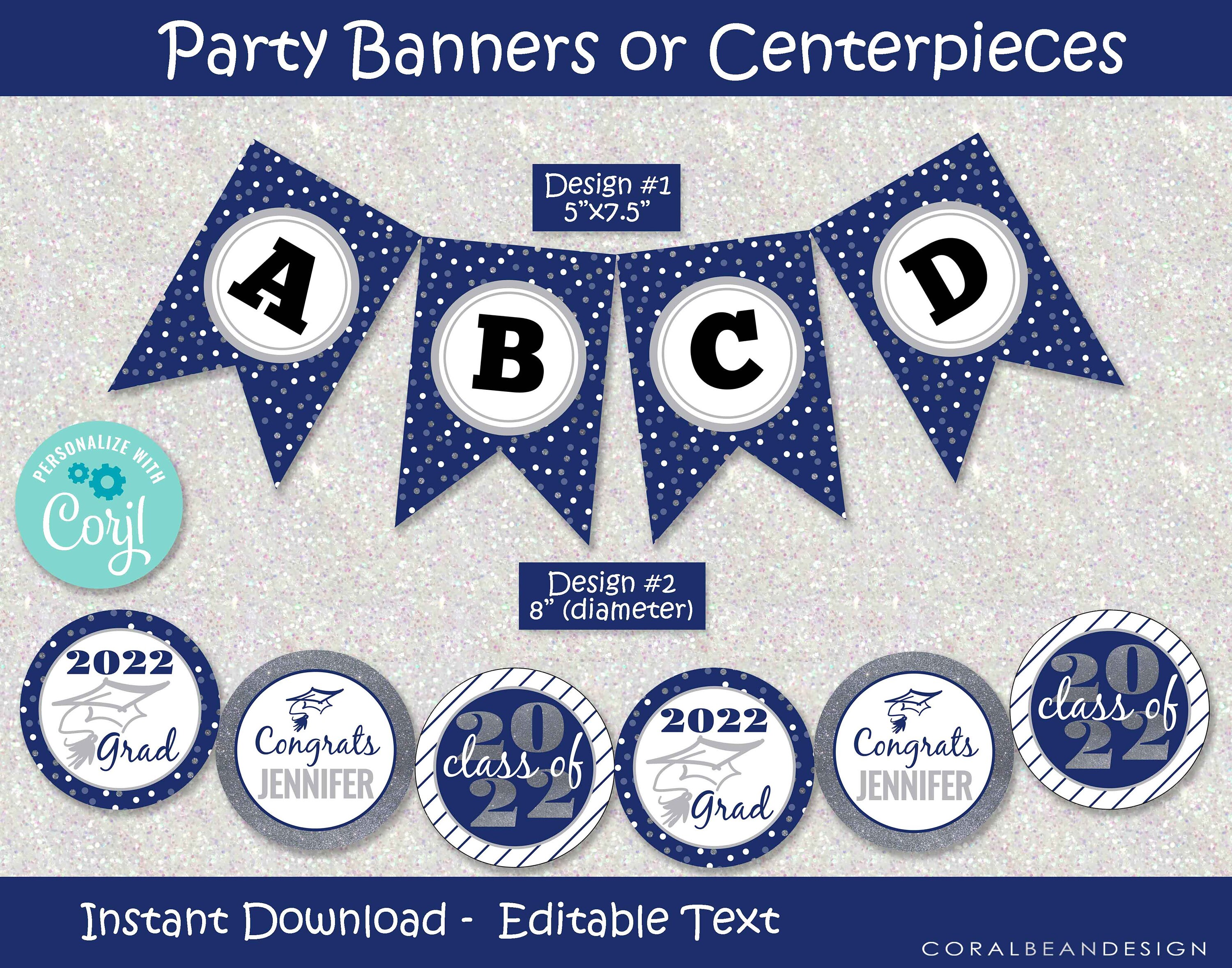 Blue and Silver Editable Printable Graduation Party Decoration Package ...