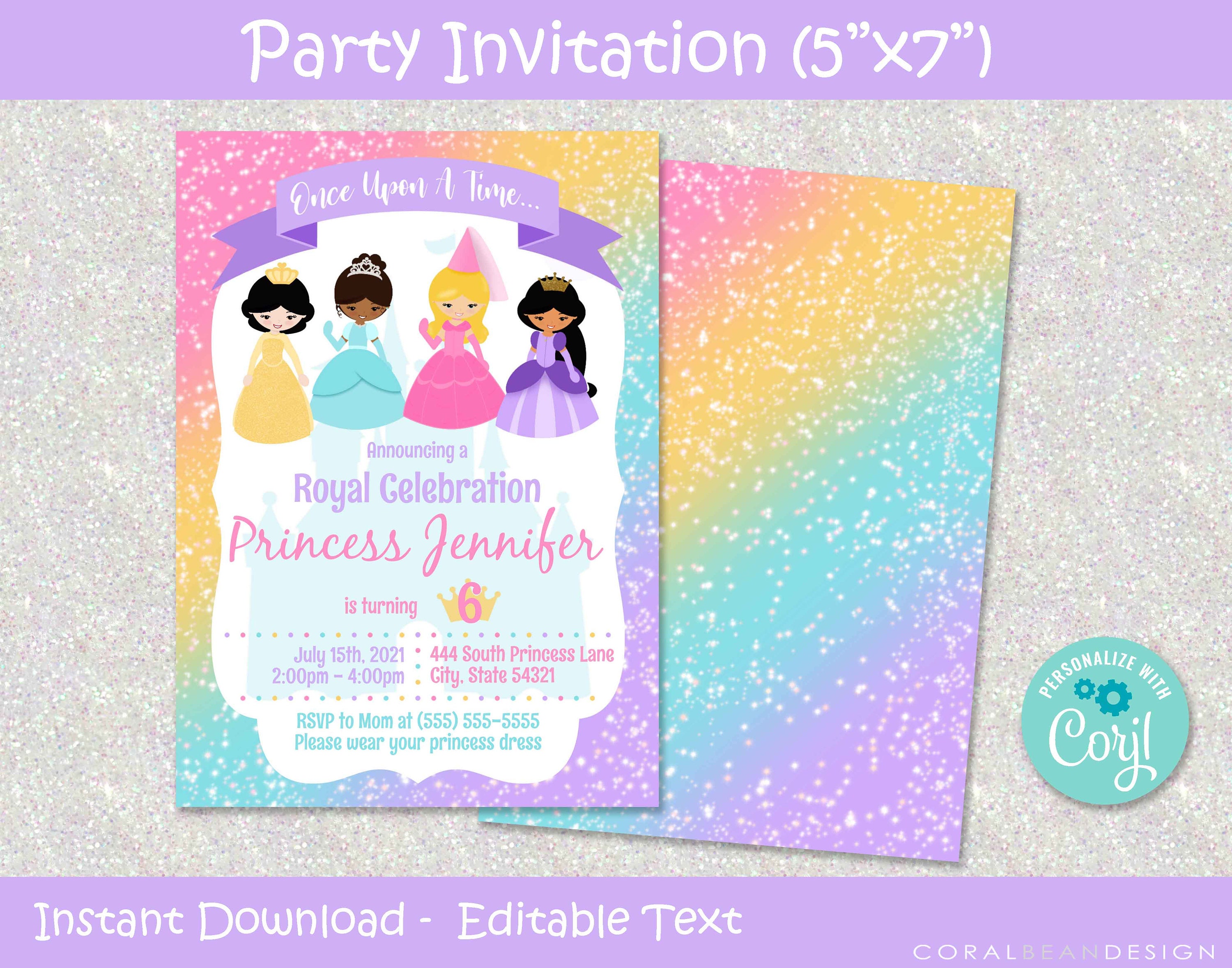 Princess Editable Printable Birthday Party Invitation - Etsy