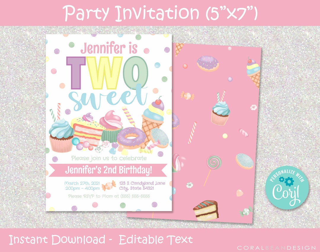 Two Sweet Editable Printable Birthday Party Invitation Template, Sweets ...