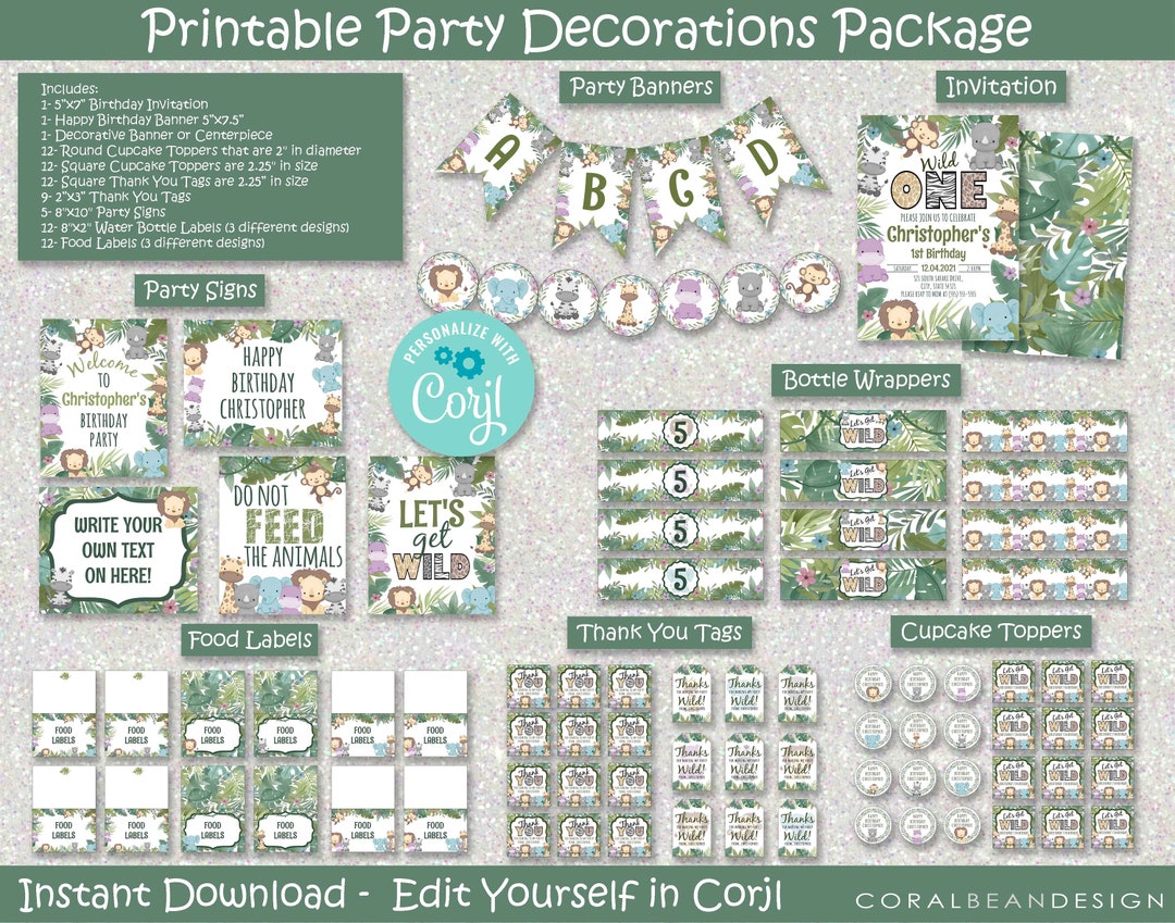 Wild One Animal Editable Printable Birthday Party Decorations - Etsy